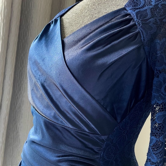 Dresses | Midnight Blue Satin And Lace Cocktail Dress Sz L | Poshmark